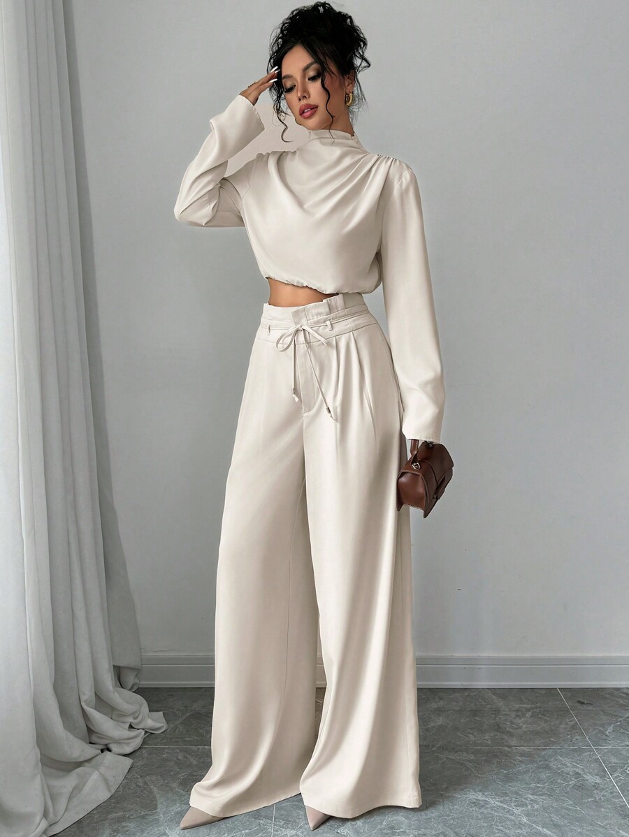 Firerie 2pcs Set: Apricot Elegant Collared Blouse And Wide Leg Pants ...