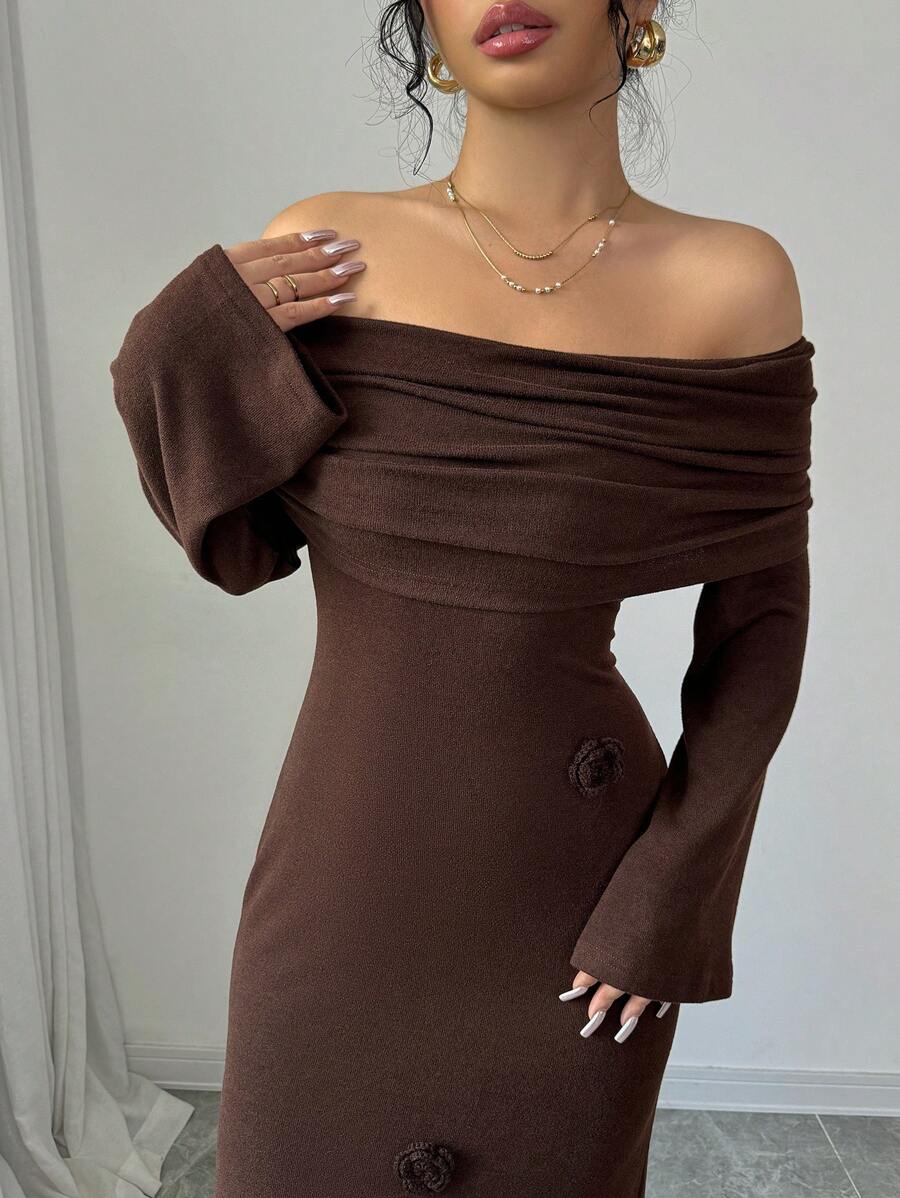SHEIN Modely Women's Elegant Knit Off-Shoulder Coffee Color Dress With ...