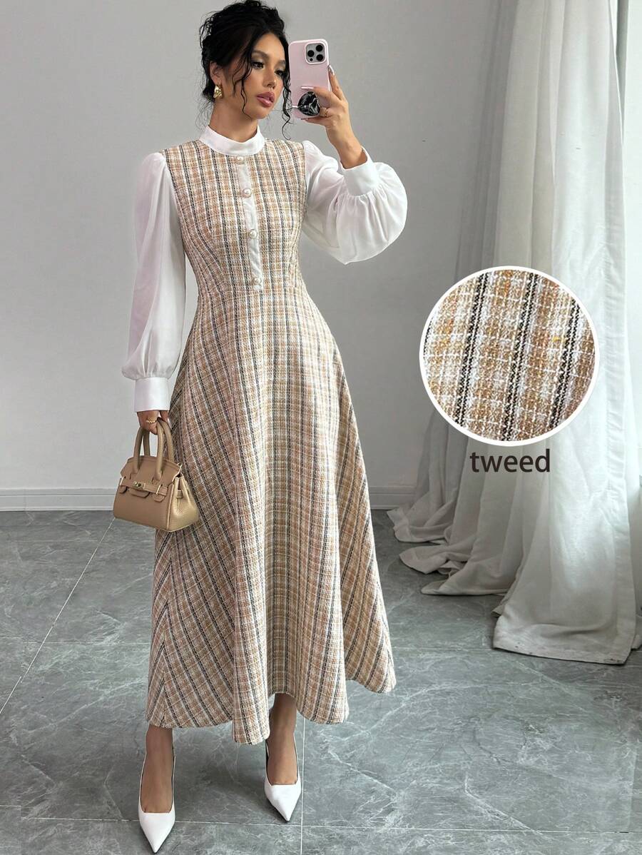 Modelyn Women's Casual Elegant Patchwork Tweed Waist Dress, Autumn Maxi Women Outfit Long ...