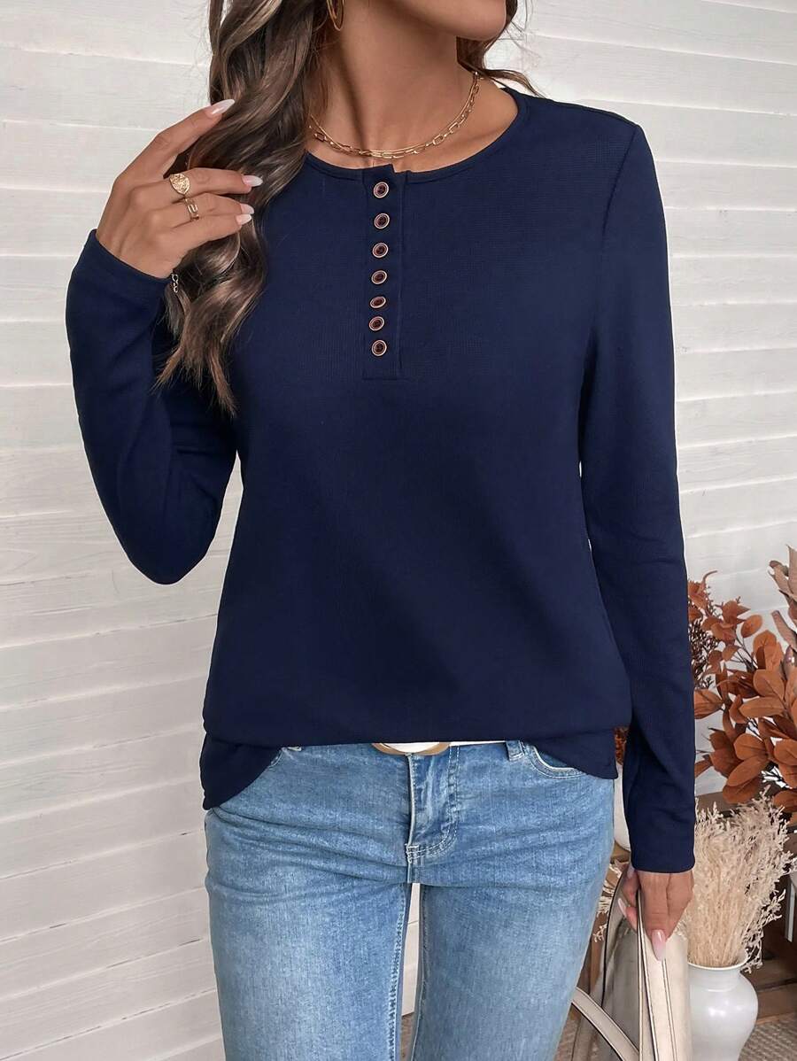 SHEIN LUNE Women Commuter Style Plain Round Neck Button Down Long ...