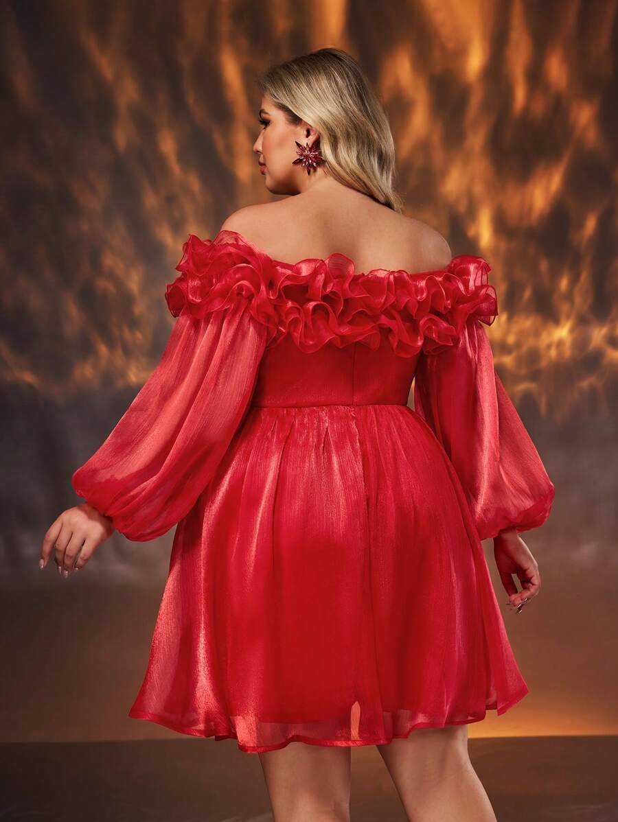 SHEIN Belle Elegant Bright Red Organza Ruffle Trim Off Shoulder Formal Dress, Plus Size, For ...
