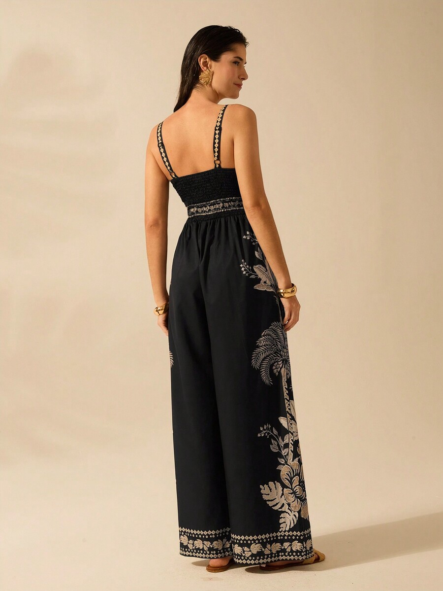 CAJUNI Women's Boho Banana Tree And Coconut Tree Print, Sleeveless Black Long Jumpsuit, Holiday ...