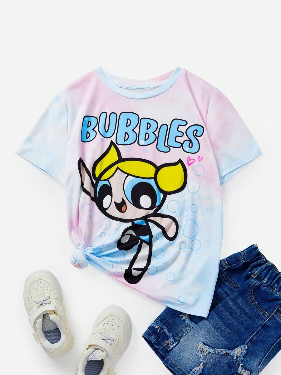 THE POWERPUFF GIRLS X SHEIN Tween Girl Cartoon Character Tie-Dye Bubble ...