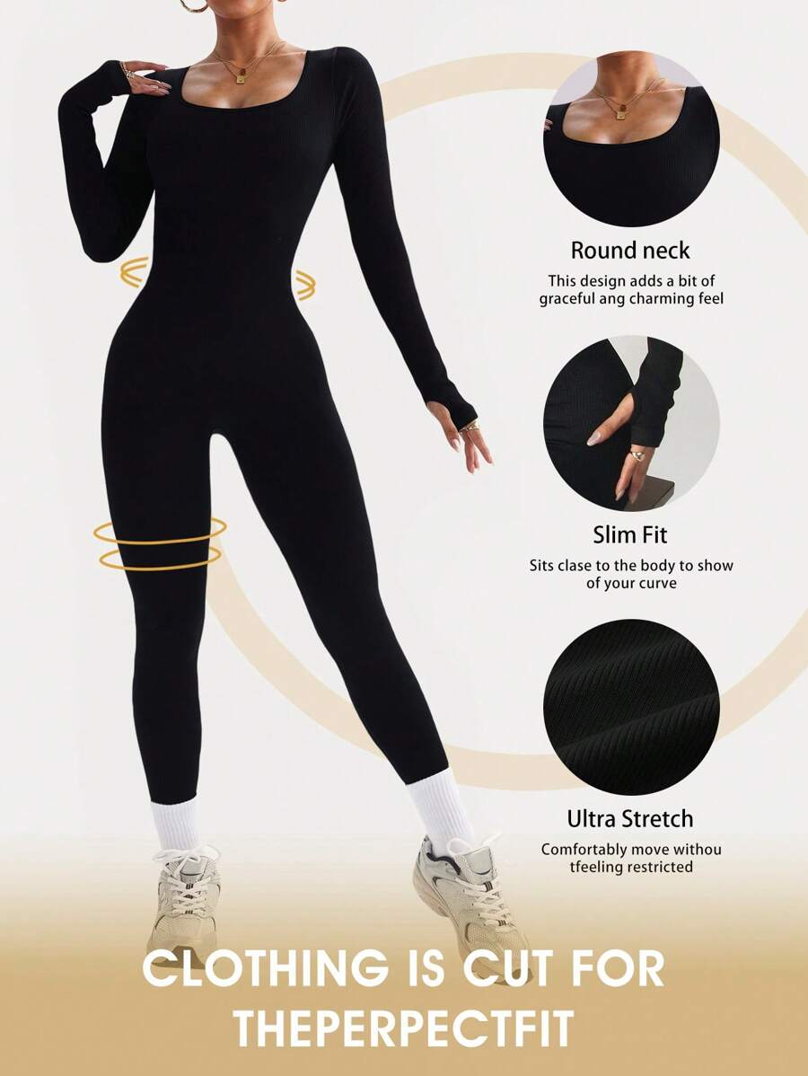 SHEIN Sport Studio Macacão sólido com decote redondo e macacão completo | SHEIN PT