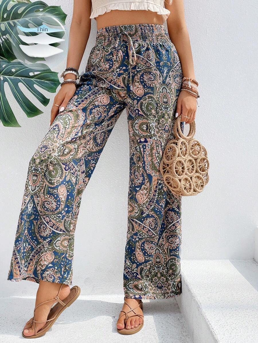 Breezaya Paisley Print Tie Front Wide Leg Pants Fall Cloth For Women ...