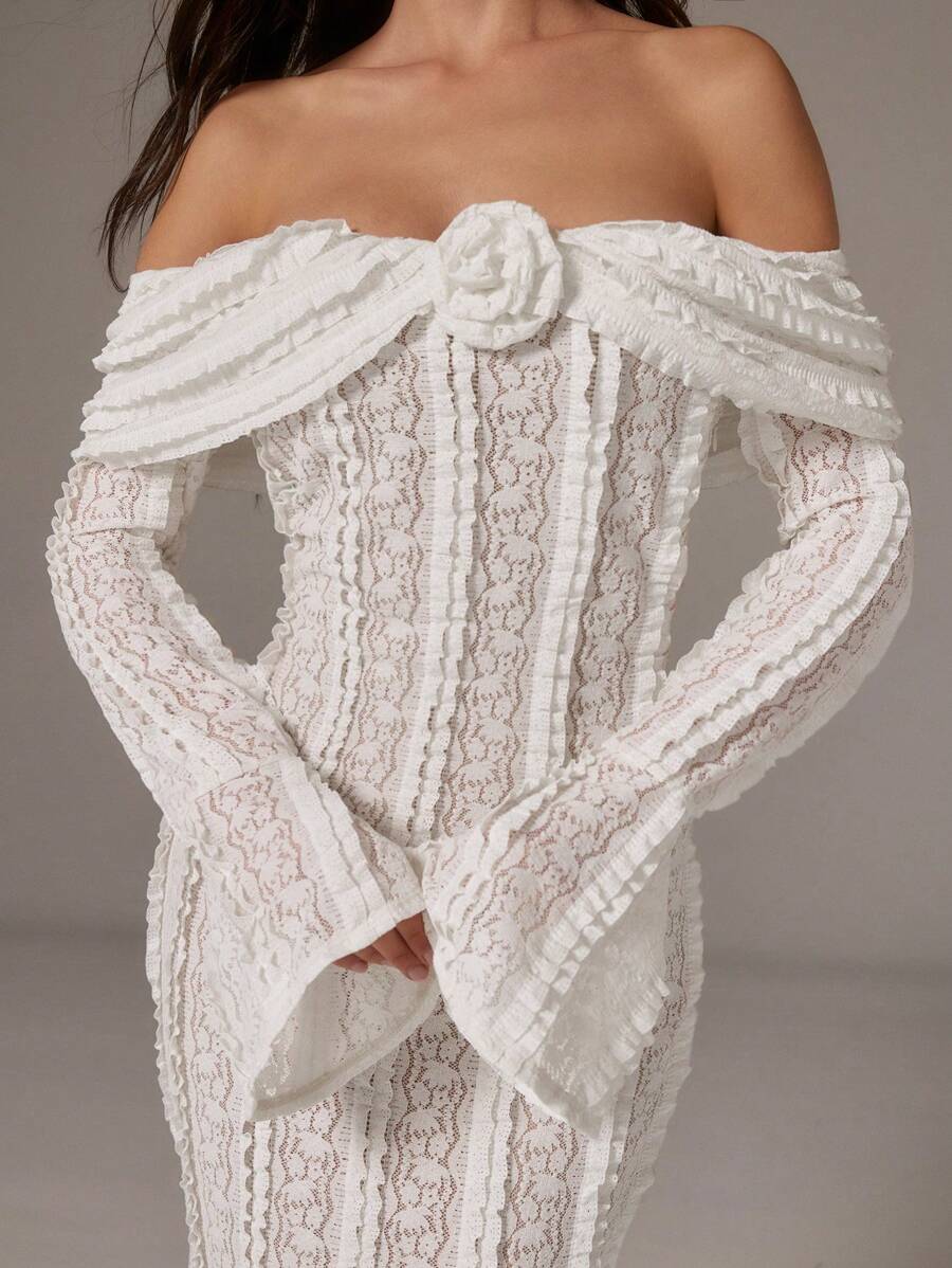 SURIMA Women's Ivory Sheer Lace Off Shoulder Long Sleeve Dress, Wedding ...