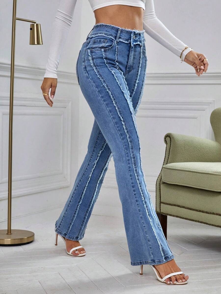 SHEIN Essnce Women Frayed Hem Patchwork Pocket Flare Leg Casual Jeans ...