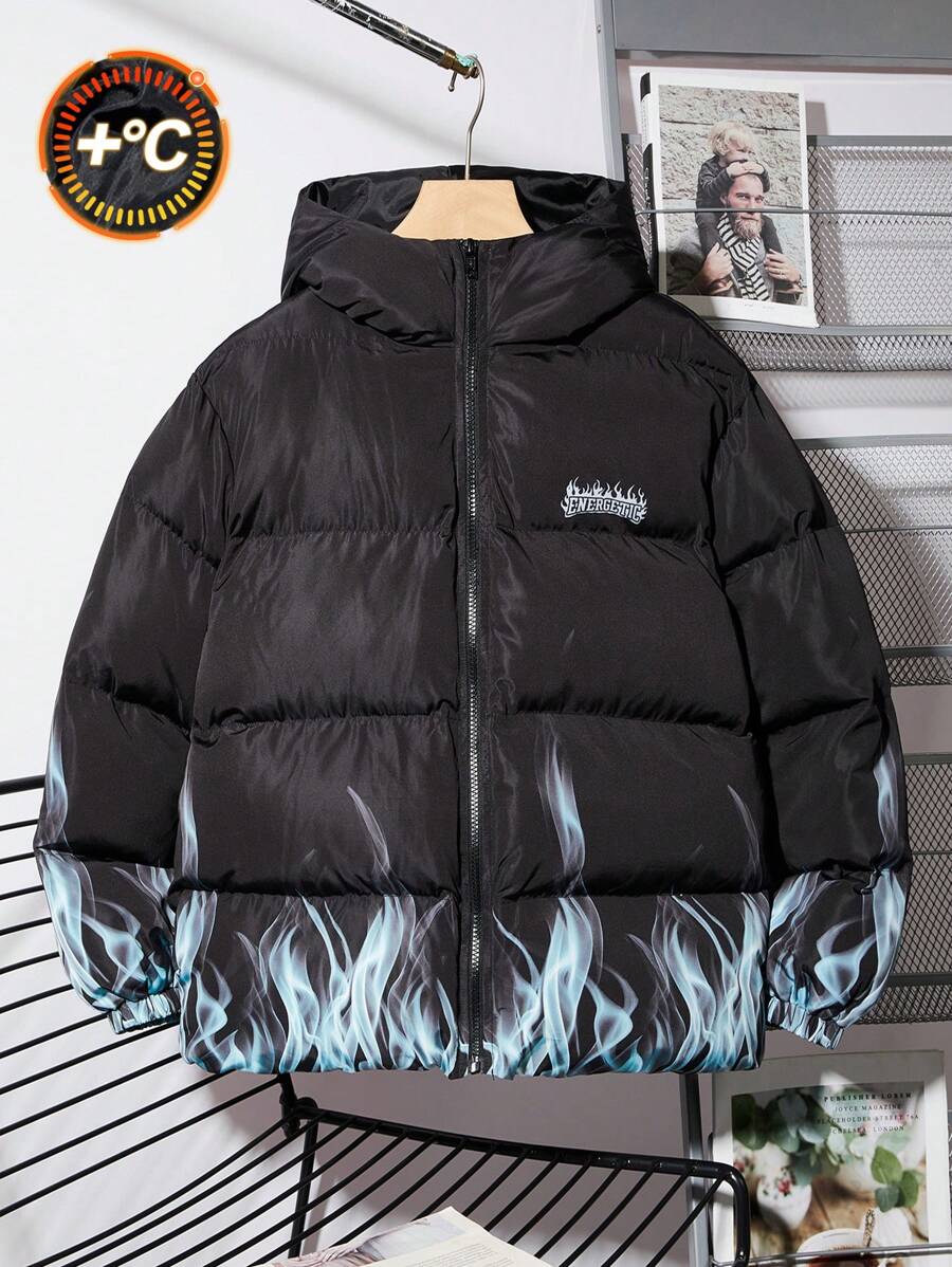 SHEIN Leap Crew Teen Boys 1pc Casual Street Flame Print Hooded Padded ...