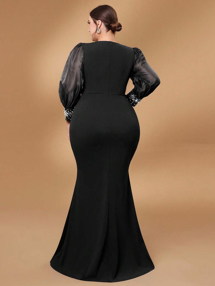 SHEIN Belle Plus Size Navy Blue Sequin Embellished Mesh Puff Sleeve Fishtail Maxi Dress, Elegant ...