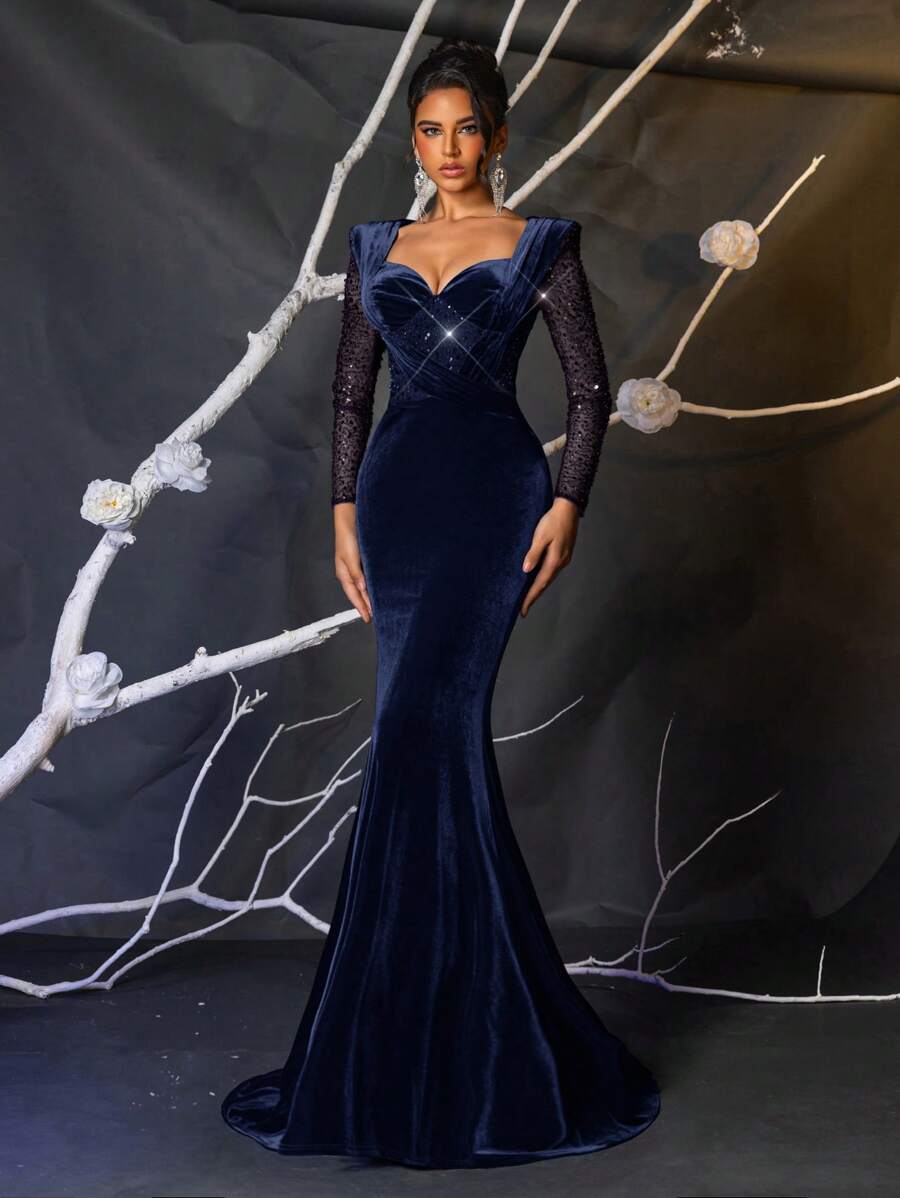 Glamrae Elegant Blue Exaggerated Shoulder Pad Sequin Patchwork Mermaid ...