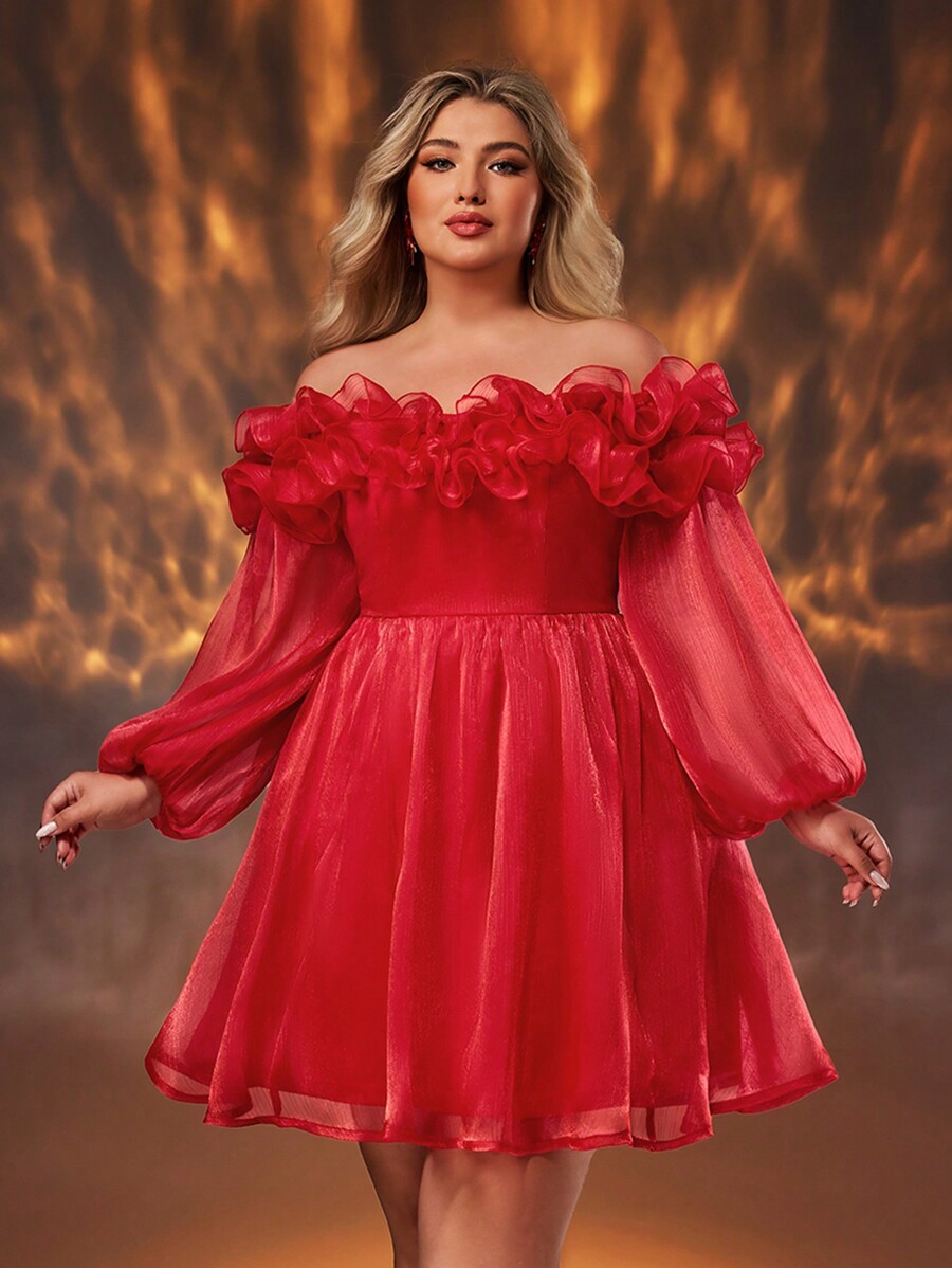 SHEIN Belle Elegant Bright Red Organza Ruffle Trim Off Shoulder Formal Dress, Plus Size, For ...