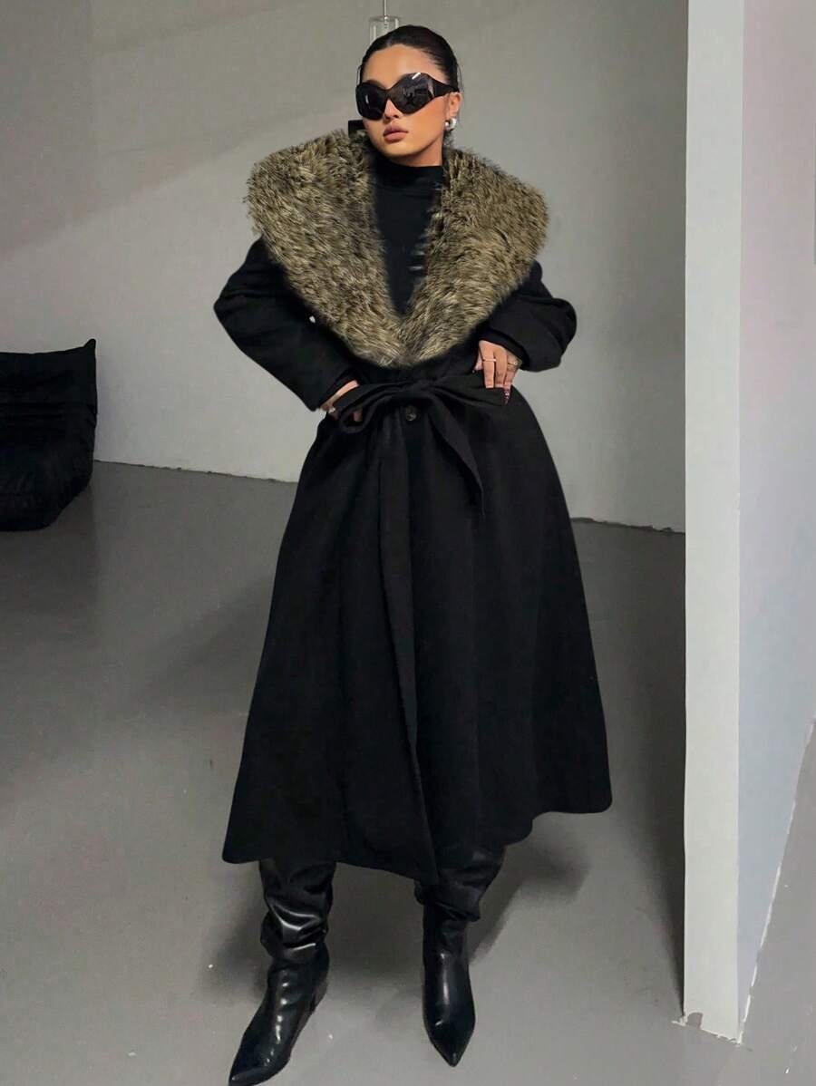 SHEIN ICON Casaco longo elegante com manga longa, gola de pele e botões, Plus Size, Inverno ...