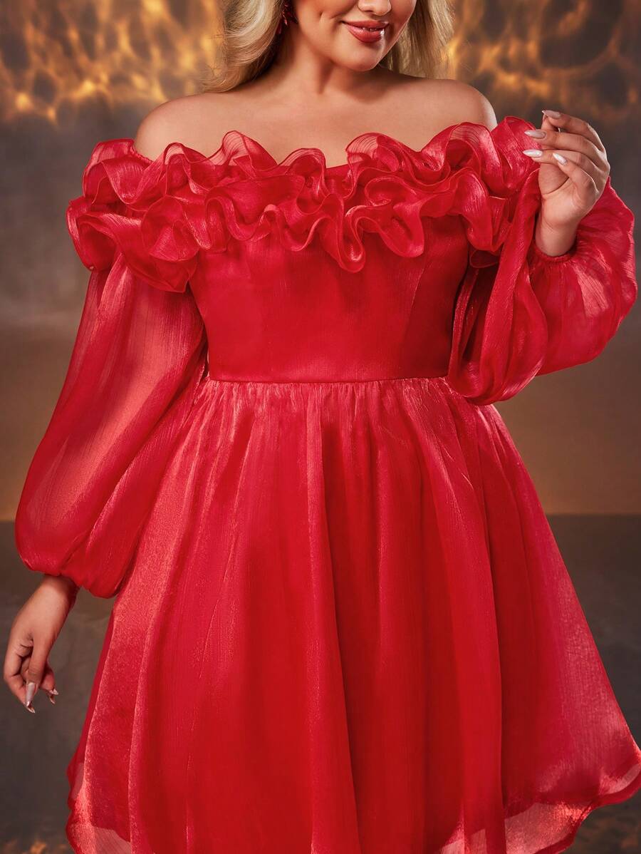 SHEIN Belle Elegant Bright Red Organza Ruffle Trim Off Shoulder Formal Dress, Plus Size, For ...