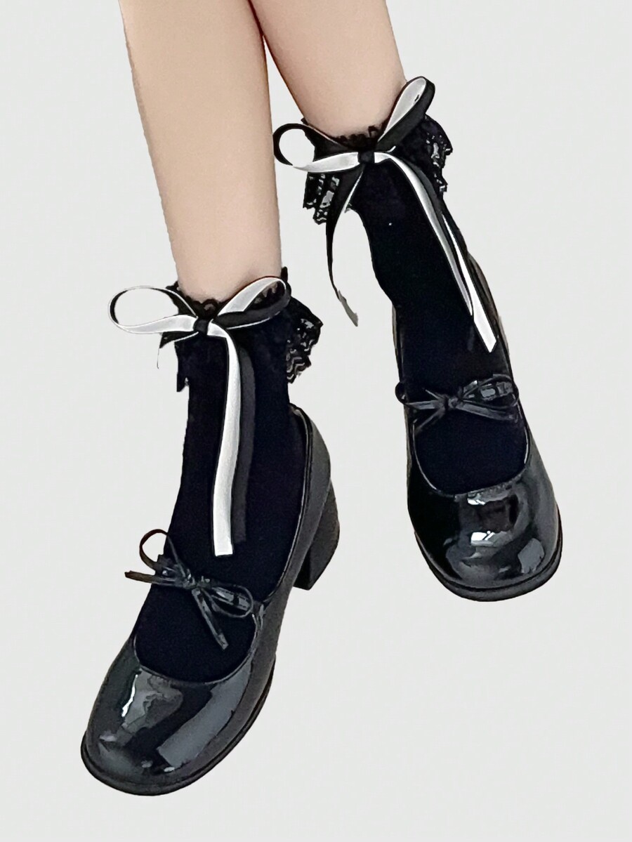 ROMWE Goth 1 Pair Women Cute Basics Y2K Style Black Bow Knitted Socks With Lace & Ruffle Trim ...