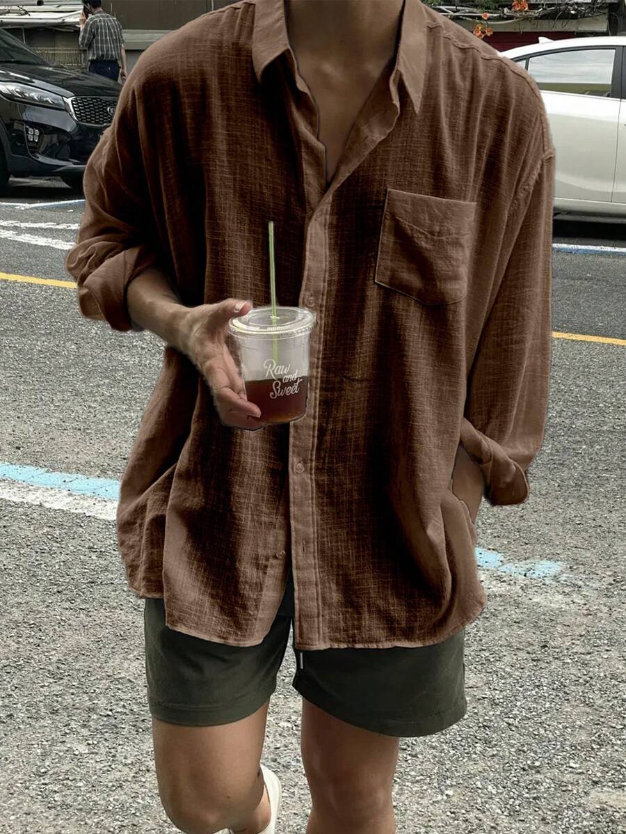 Men's Solid Color Long Sleeve Single Breasted Pocket Loose Casual Baggy ...