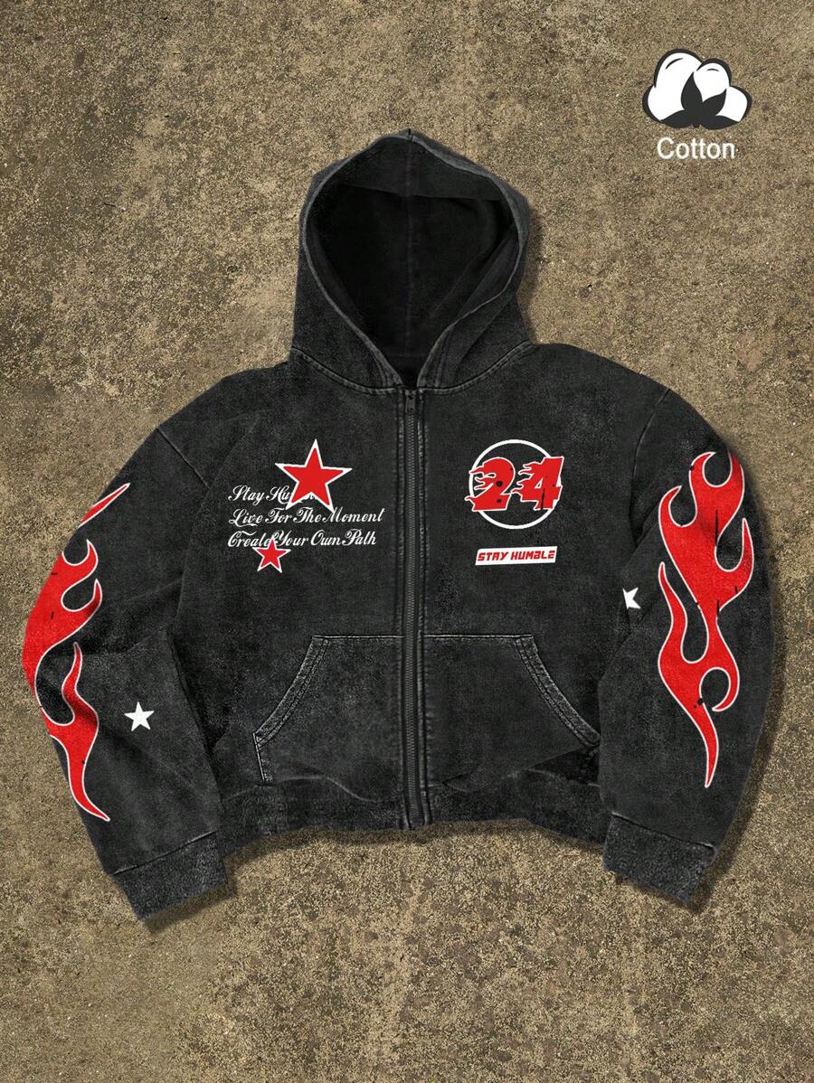 Manfinity EMRG Men's Flame Print Hooded Zip Up Sweatshirt With Pockets, Long Sleeve Hooded ...