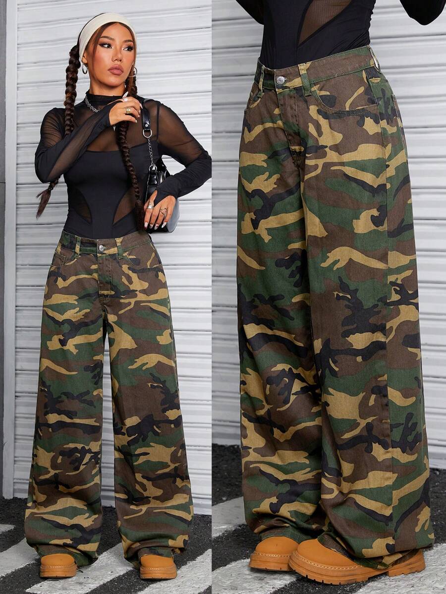 SHEIN ICON Low Waist Washed Camo Print Relaxed Fit Straight Leg Jeans ...