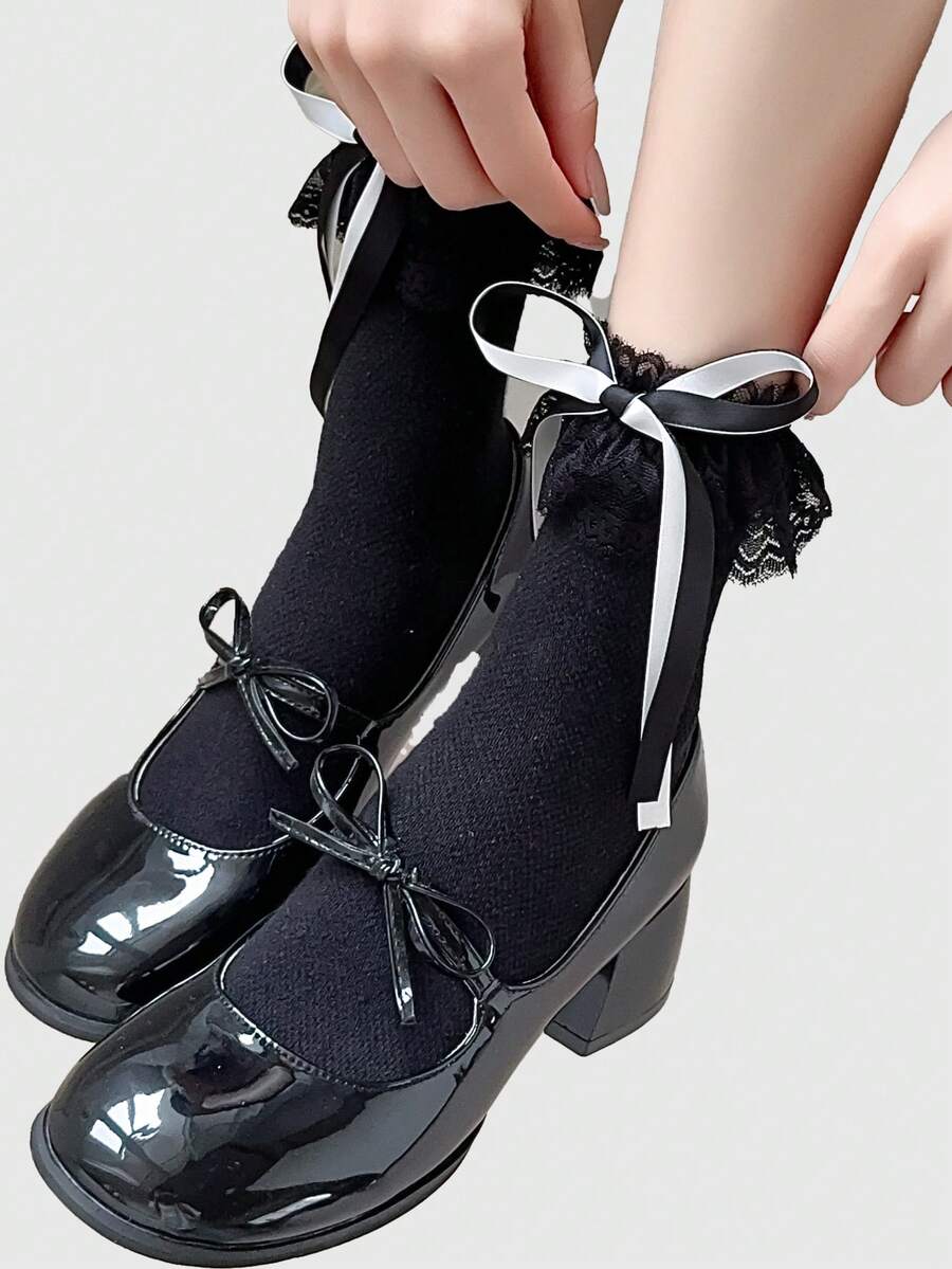 ROMWE Goth 1 Pair Women Cute Basics Y2K Style Black Bow Knitted Socks With Lace & Ruffle Trim ...