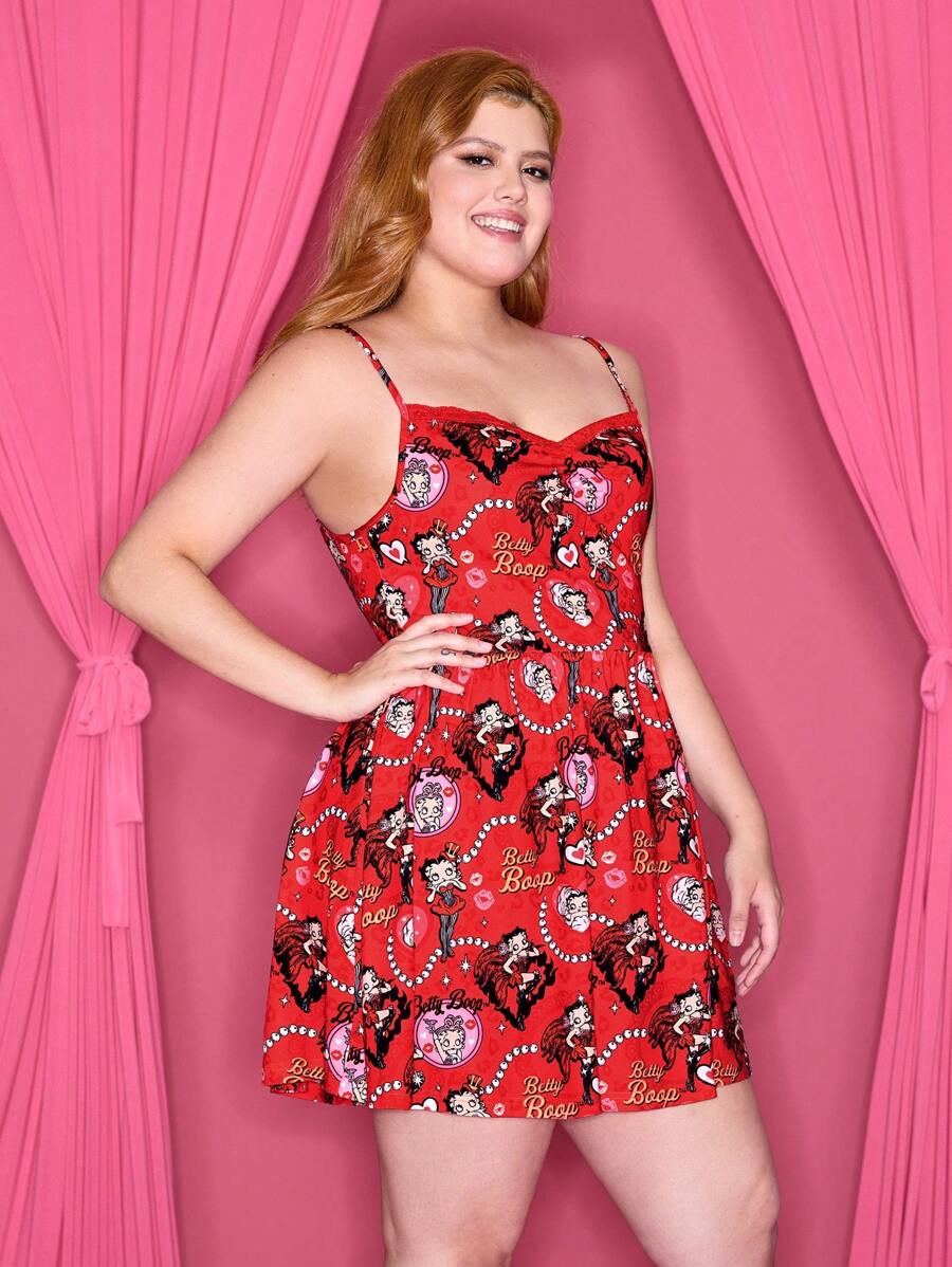 Betty Boop x SHEIN Plus Size Vintage Red Cartoon Print Nightgown ...