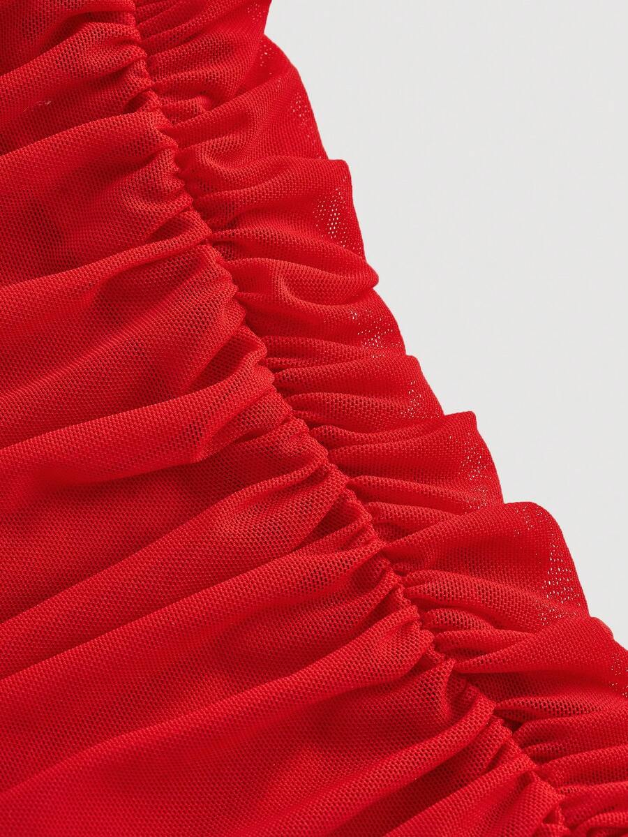 SHEIN MOD Asymmetrical Shoulder Gathered Detail Red Mesh Sexy Top, Top ...