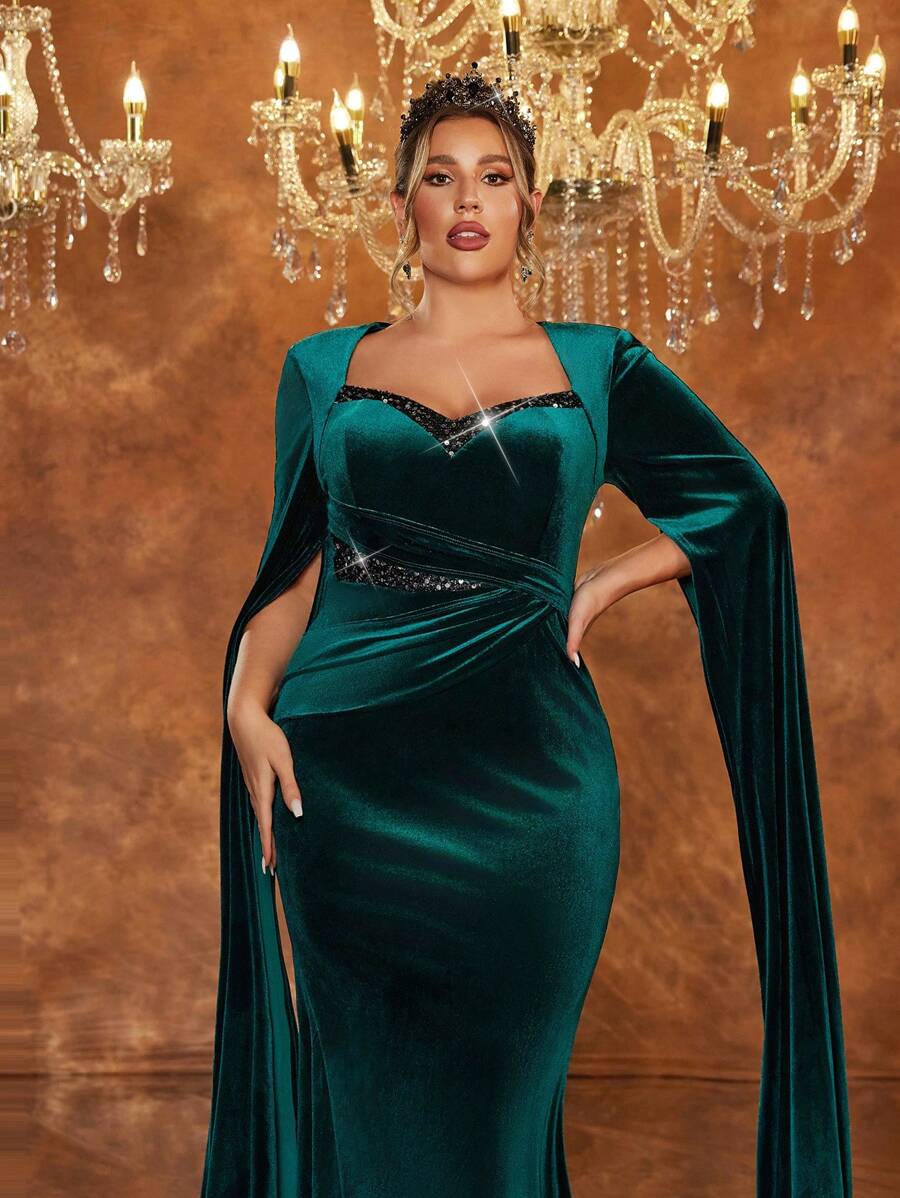 SHEIN Belle Plus Size Emerald Green Velvet Sequin Patchwork Fishtail ...
