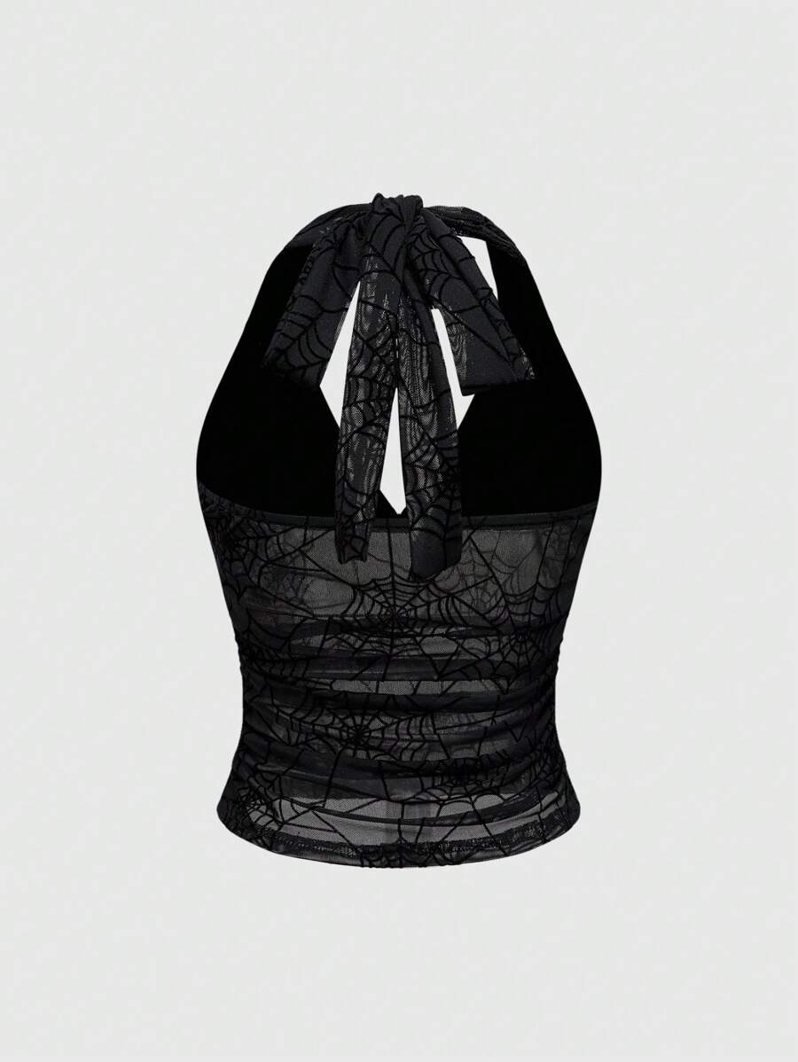 ROMWE Goth Goth Spider Web Flocked Slim Fit Halter Neck Tank Top For ...