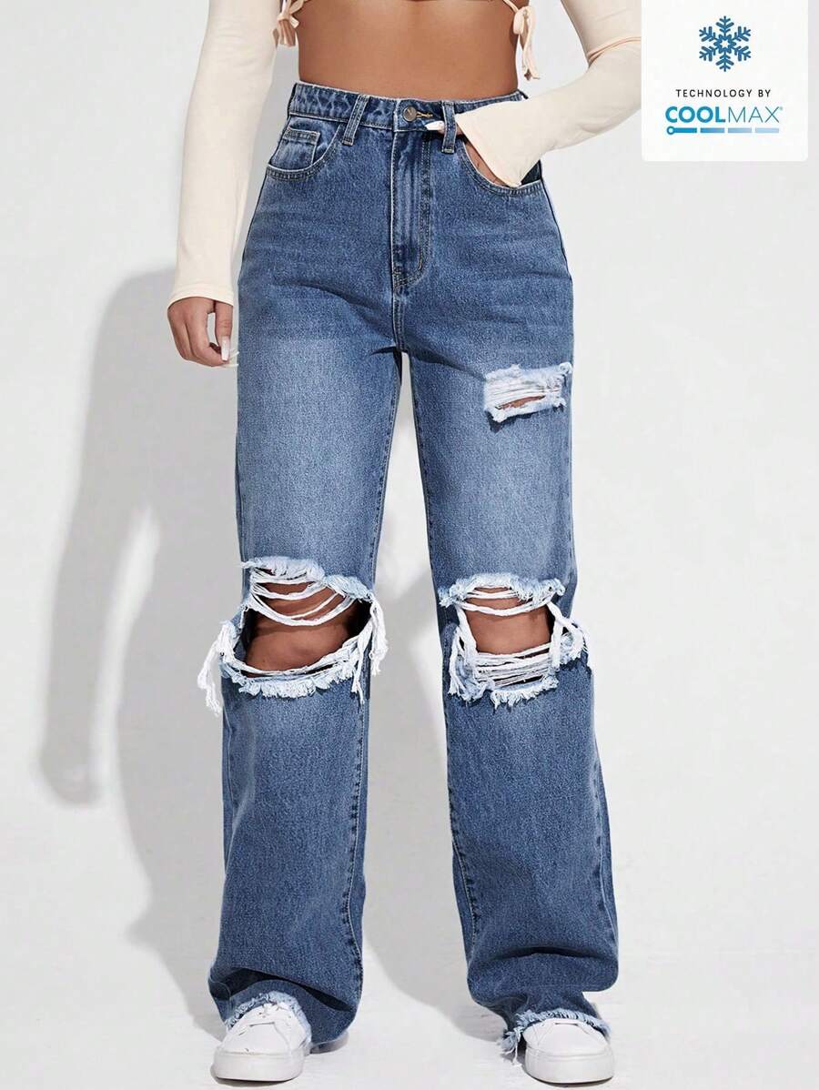 SHEIN EZwear Denim de Perna Larga com Cortes e Recortes para Verão ...