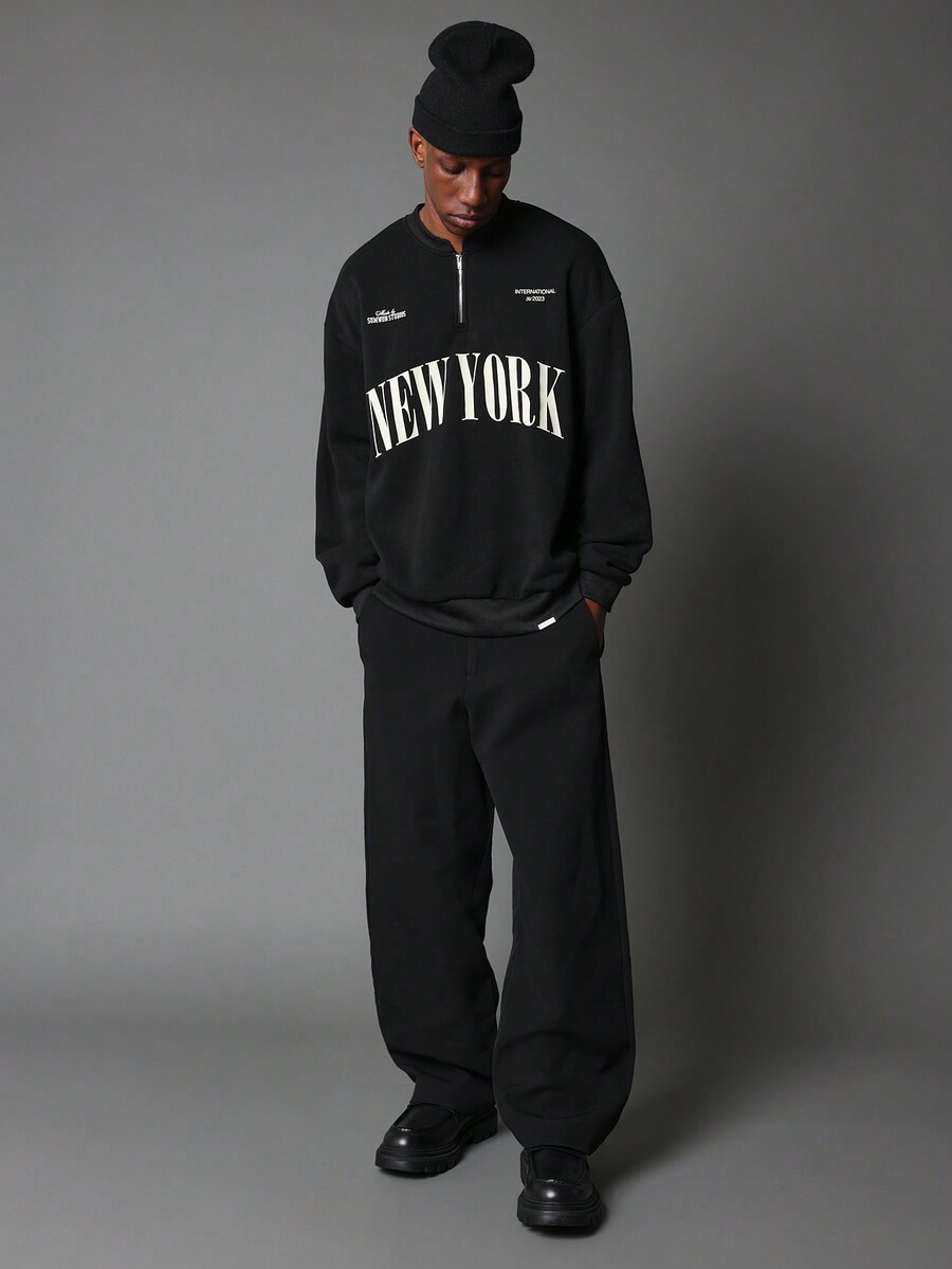 SUMWON Regular Fit Half Zip Sweatshirt With New York Graphic Print ...