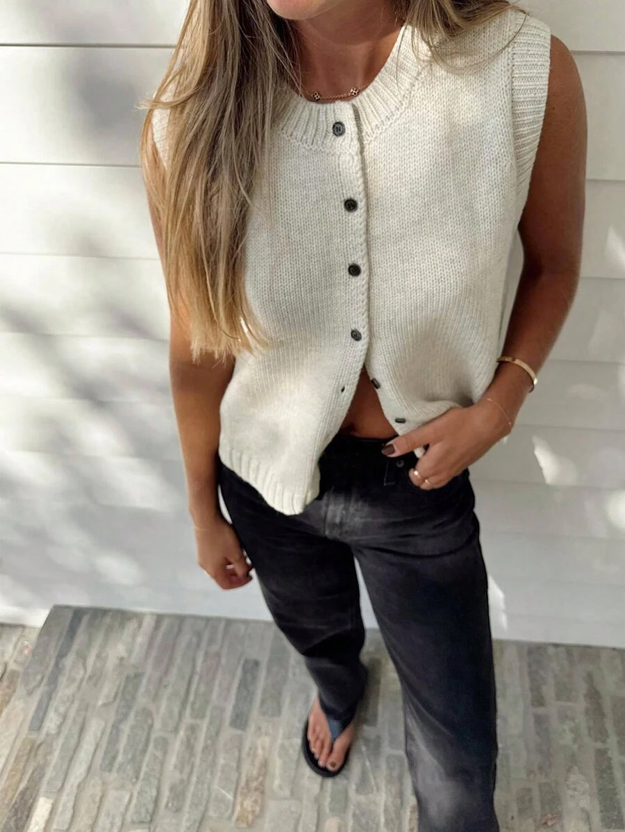 INAWLY Women's Solid Color Crew Neck Button Front Sleeveless Casual ...