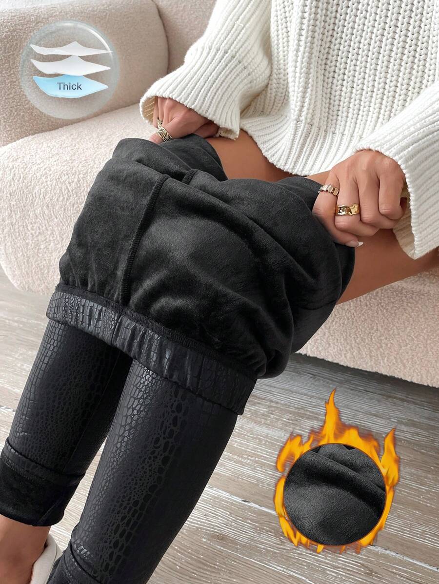Calvaya Solid Color Snake Skin Textured Fleece Lined Skinny Leggings ...