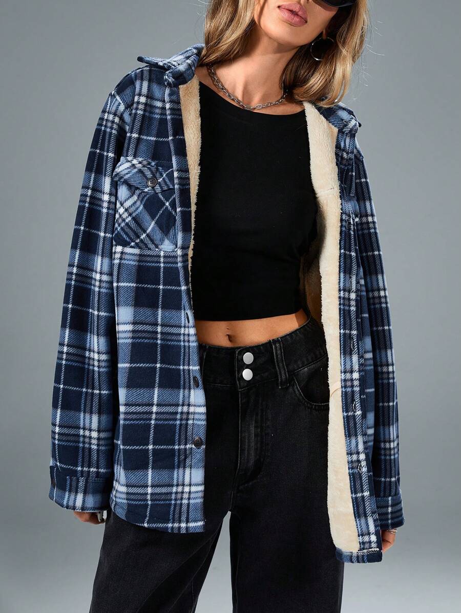 SHEIN Affinna Retro Casual Boyfriend Style Plaid Fleece-Lined Long ...