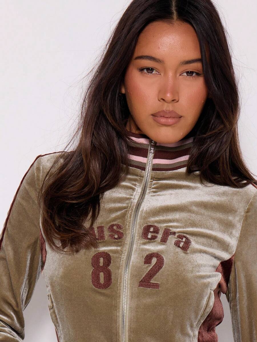 MUSERA Velvet Slogan Zip Up Track Top Jacket | SHEIN EUR