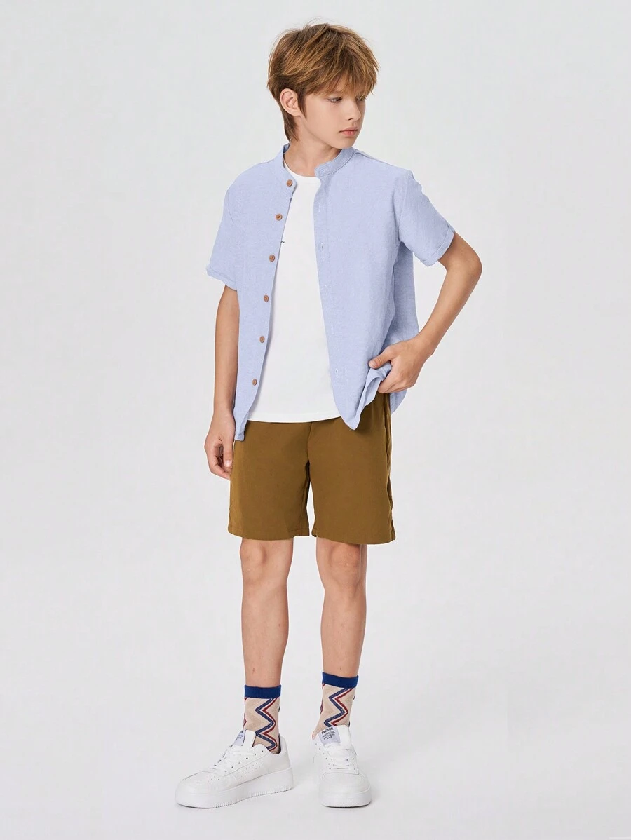 SHEIN Tween Boy Stand Collar Single-Breasted Shirt And Shorts Set ...
