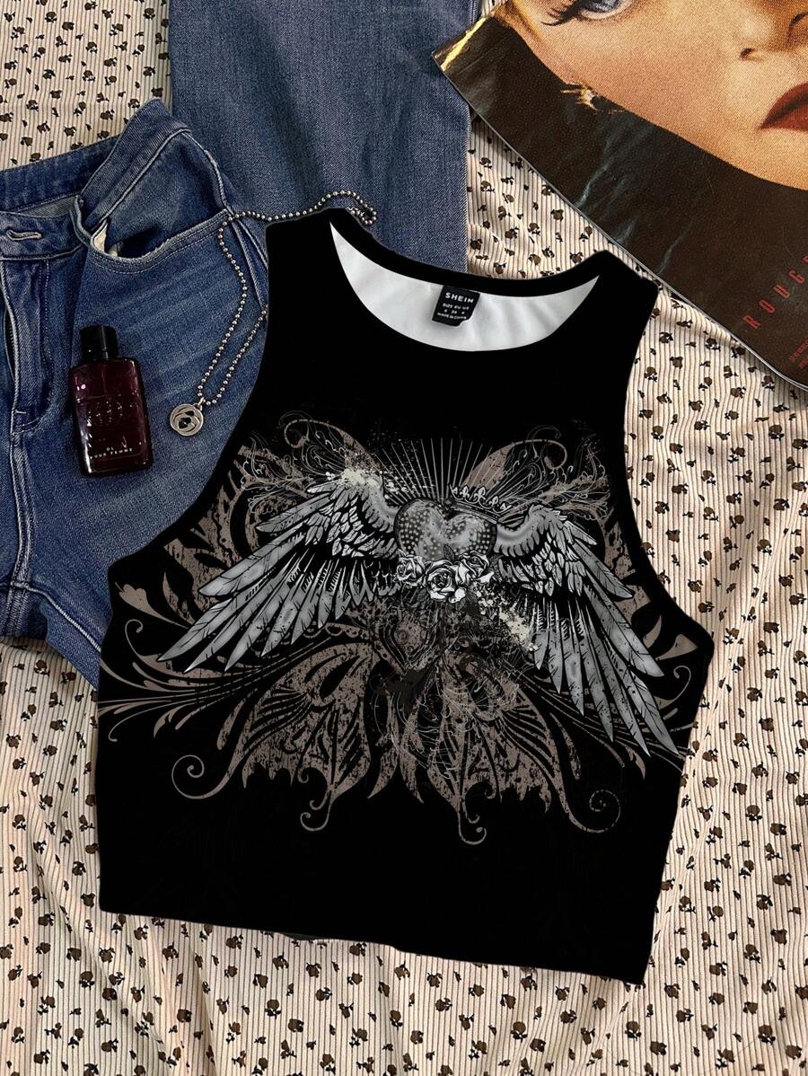 Casual Retro Heart & Wing Design Y2K Style Tight Fit Women Cami Top ...