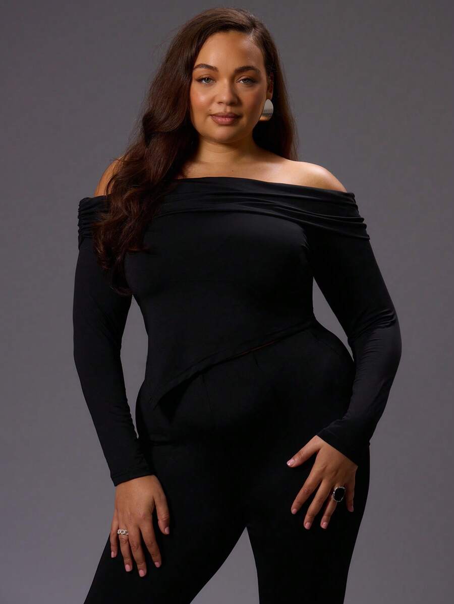 MUSERA Plus Size Slinky Asymmetric Hem Long Sleeve Bardot Top Only For ...