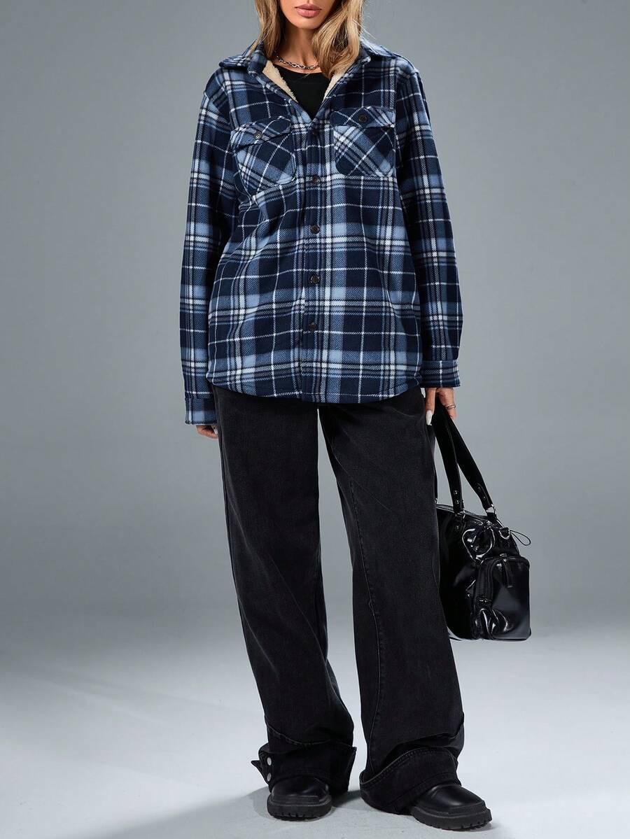 SHEIN Affinna Retro Casual Boyfriend Style Plaid Fleece-Lined Long ...