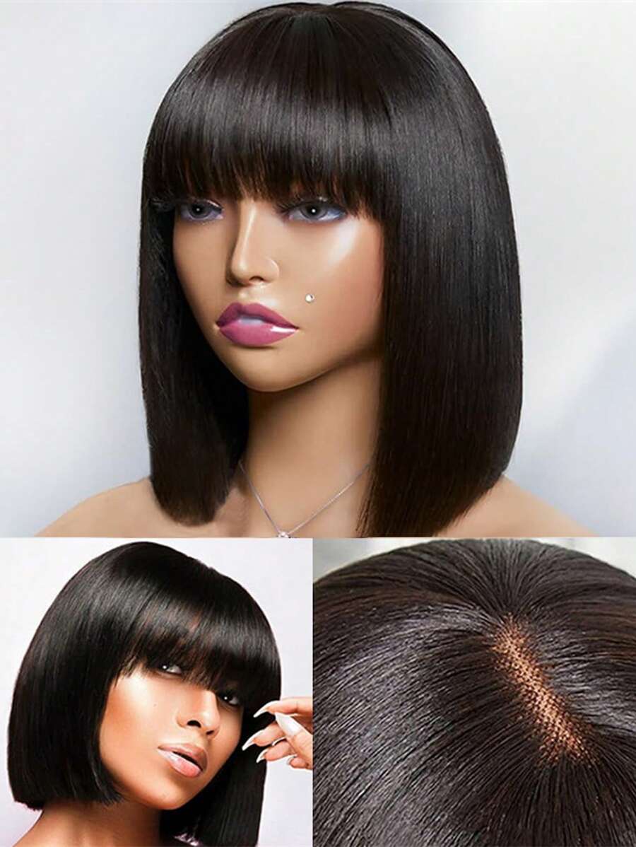 Perruque Bob avec frange, cheveux humains 150% de densité, perruque Bob sans colle courte pour ...