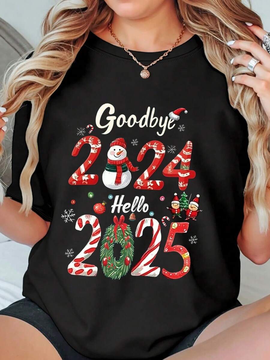 Calvaya T-shirt col rond pour femmes avec l'impression "Au revoir 2024 ...