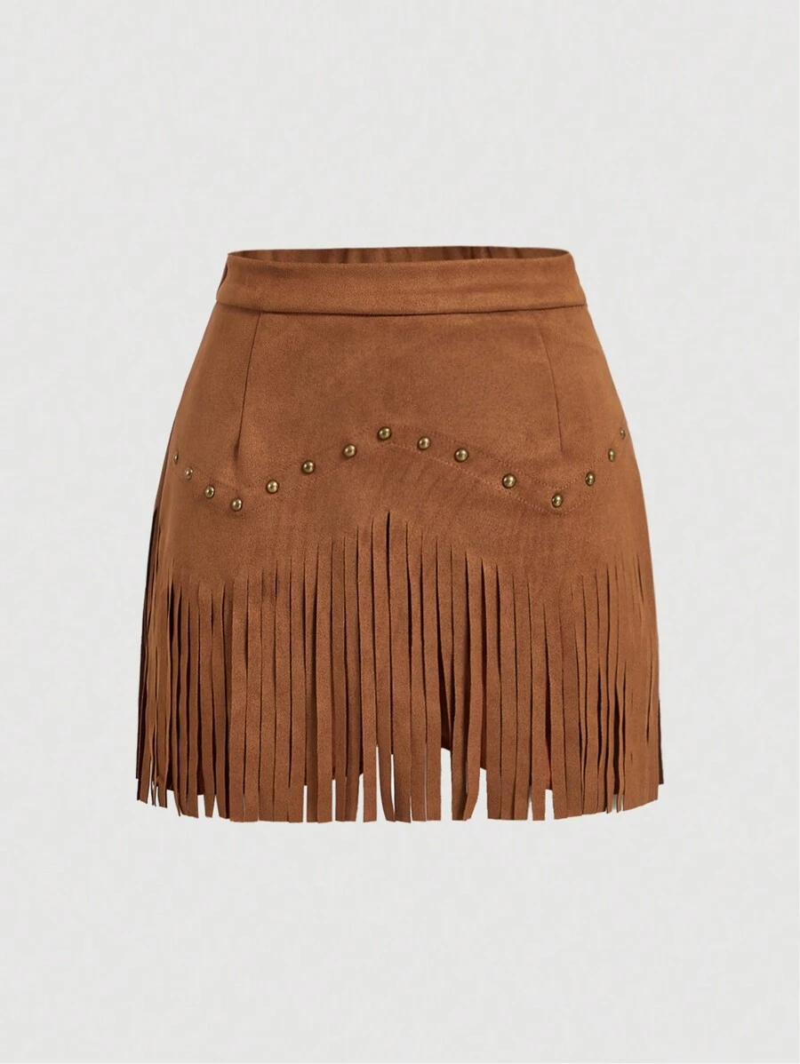 SHEIN MOD Plus Size Women's Vintage Hippie Rivet Fringe Brown Suede A ...