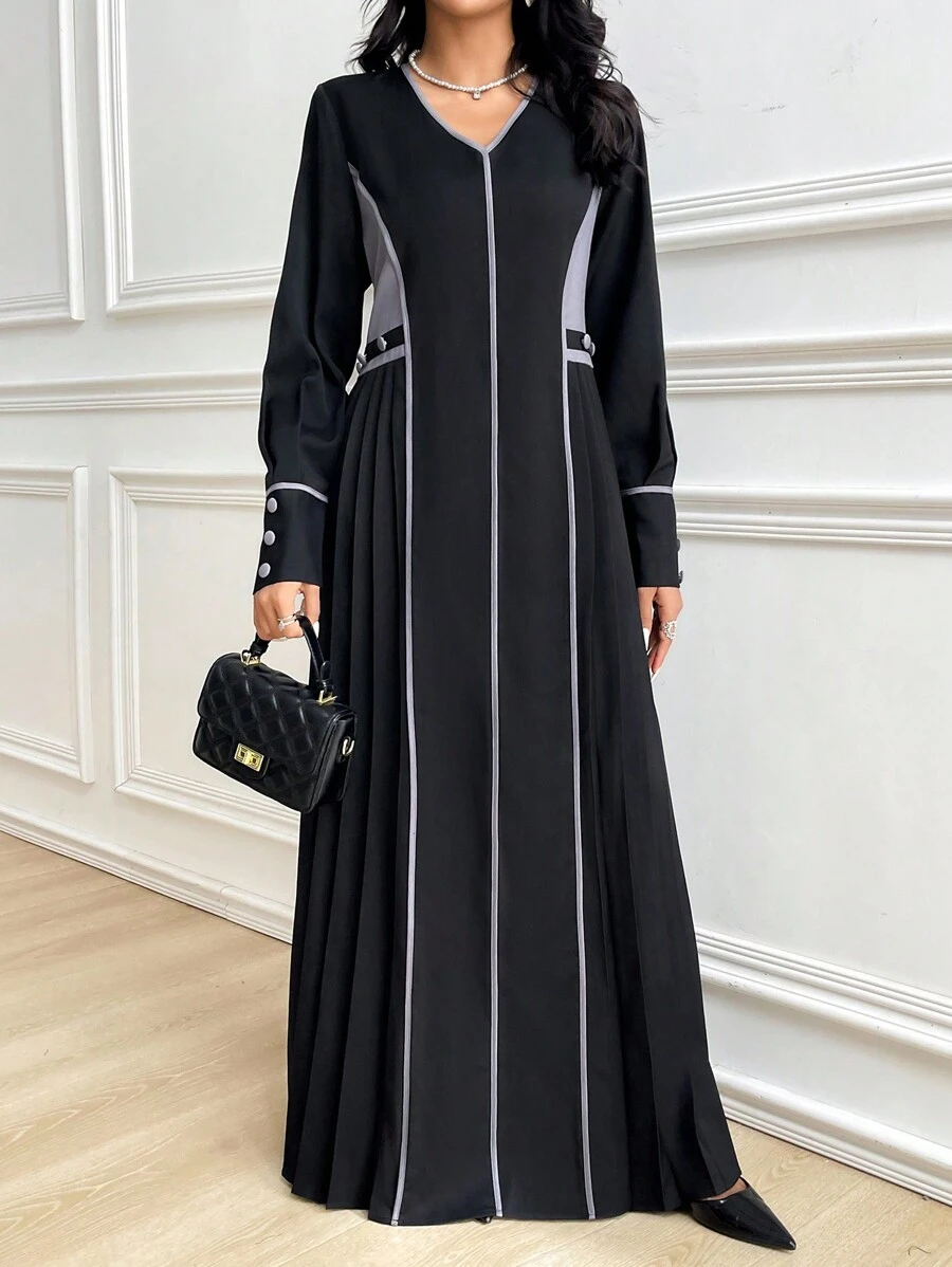 Shein Mulvari Women Contrast Trim V Neck Elegant Long Sleeve Arabic