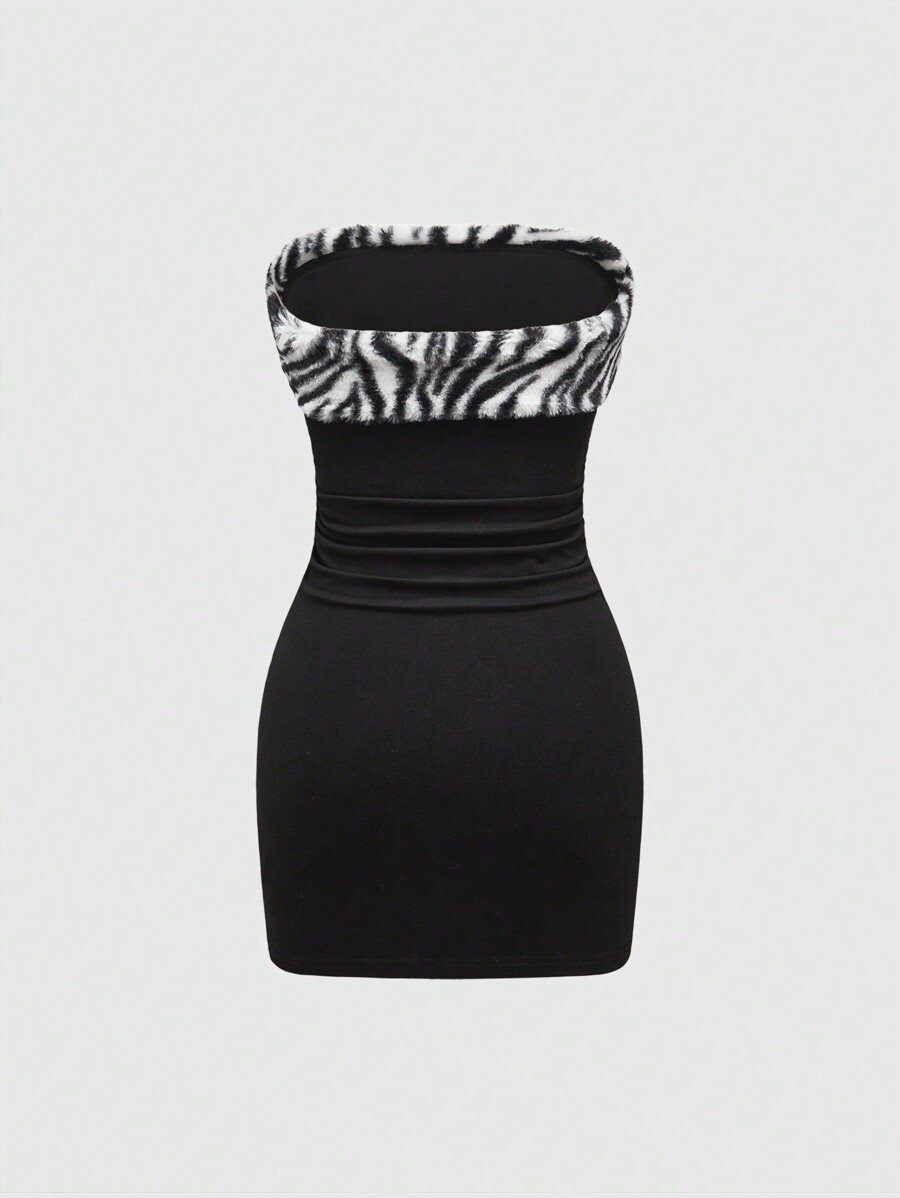 ROMWE J-Fashion Gyaru Shibuya Subculture Mohair Patchwork Zebra Print Rhinestone Decor Tight ...