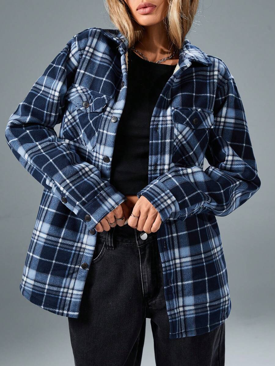 SHEIN Affinna Retro Casual Boyfriend Style Plaid Fleece-Lined Long ...