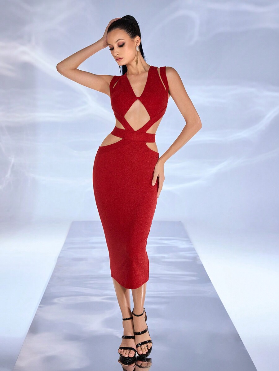 JIAN LASALA Designer Women's Burgundy Red Shiny Glitter Cutouts Party ...