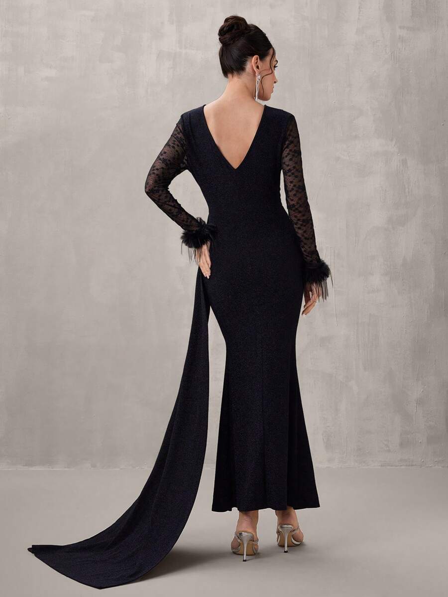 SHEIN Belle Women Elegant V-Neck Splice Faux Fur Mesh See-Through ...