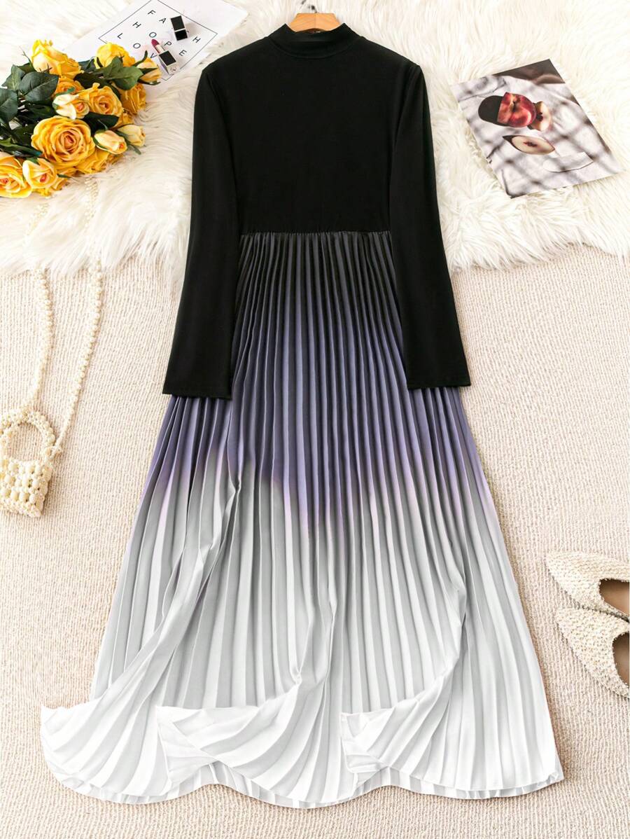 SHEIN Clasi Plus Size Elegant Gradient Pleated Hem Dress, Autumn Maxi ...