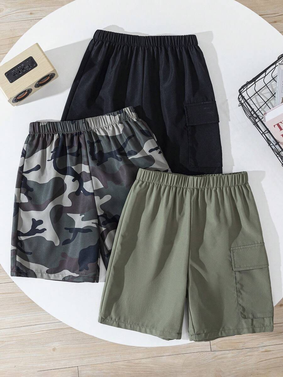 3pcs Kids Tween Boy Casual Street Camo Pattern & Solid Color Patch ...