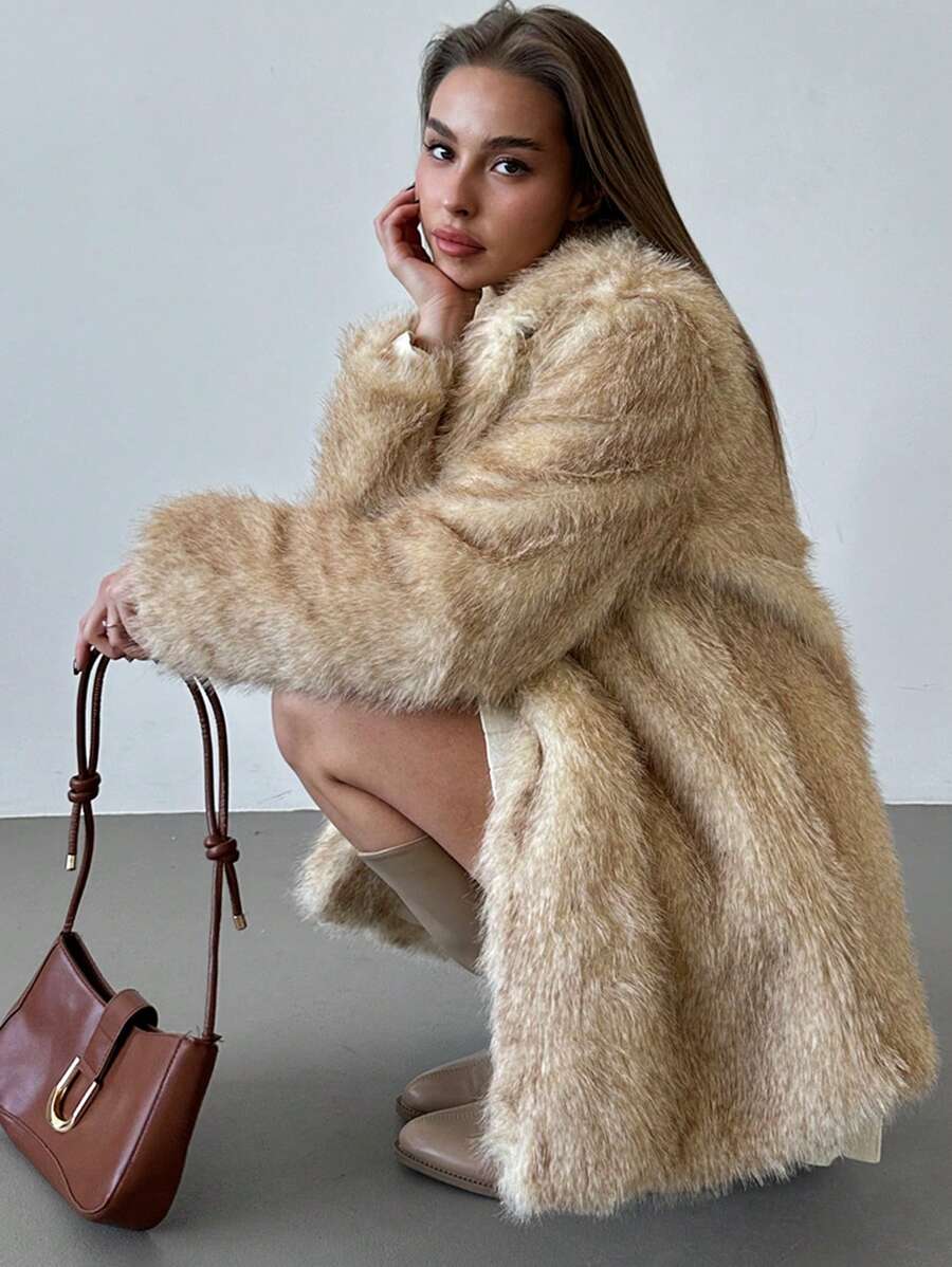 Aloruh Elegant Ombre Fuzzy Lapel Mid-Length Warm Outdoor Ski Fluffy ...