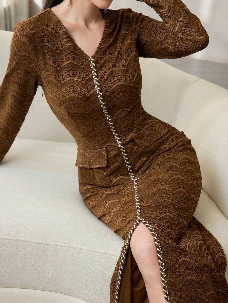 SHEIN Modely Elegant V-Neck High-End Luxury Slim-Fit Slit Hem Dress For ...