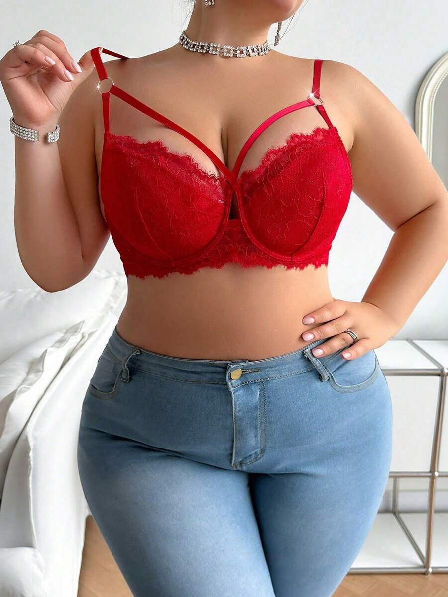 Plus Size Romantic Solid Color Lace Underwire Bra | SHEIN USA
