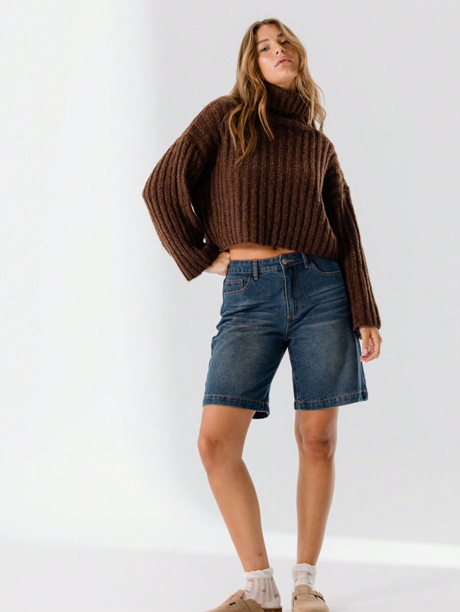 Aralina Mid Rise Loose Fit Casual Denim Bermuda Jorts | SHEIN EUR